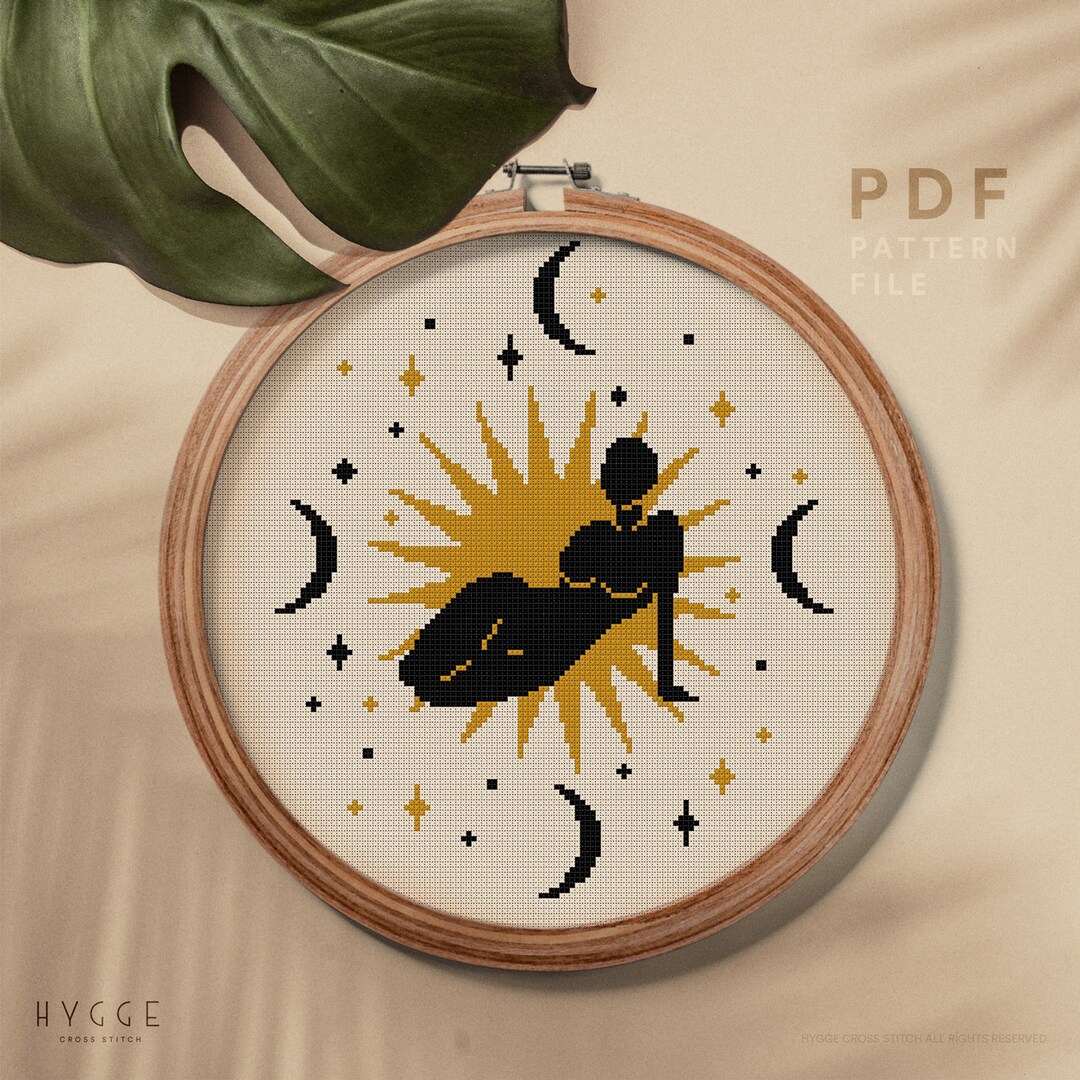 Celestial Stitch Pattern, Woman Silhouette Counted Cross Stitch, Moon ...