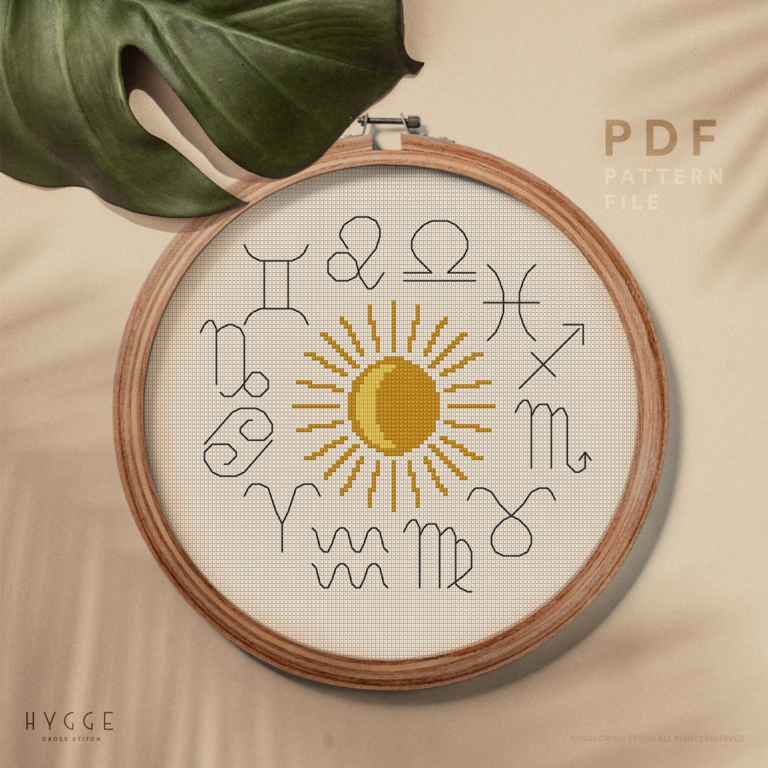 Zodiac sign cross stitch pattern, Celestial theme embroidery, Astrology ...