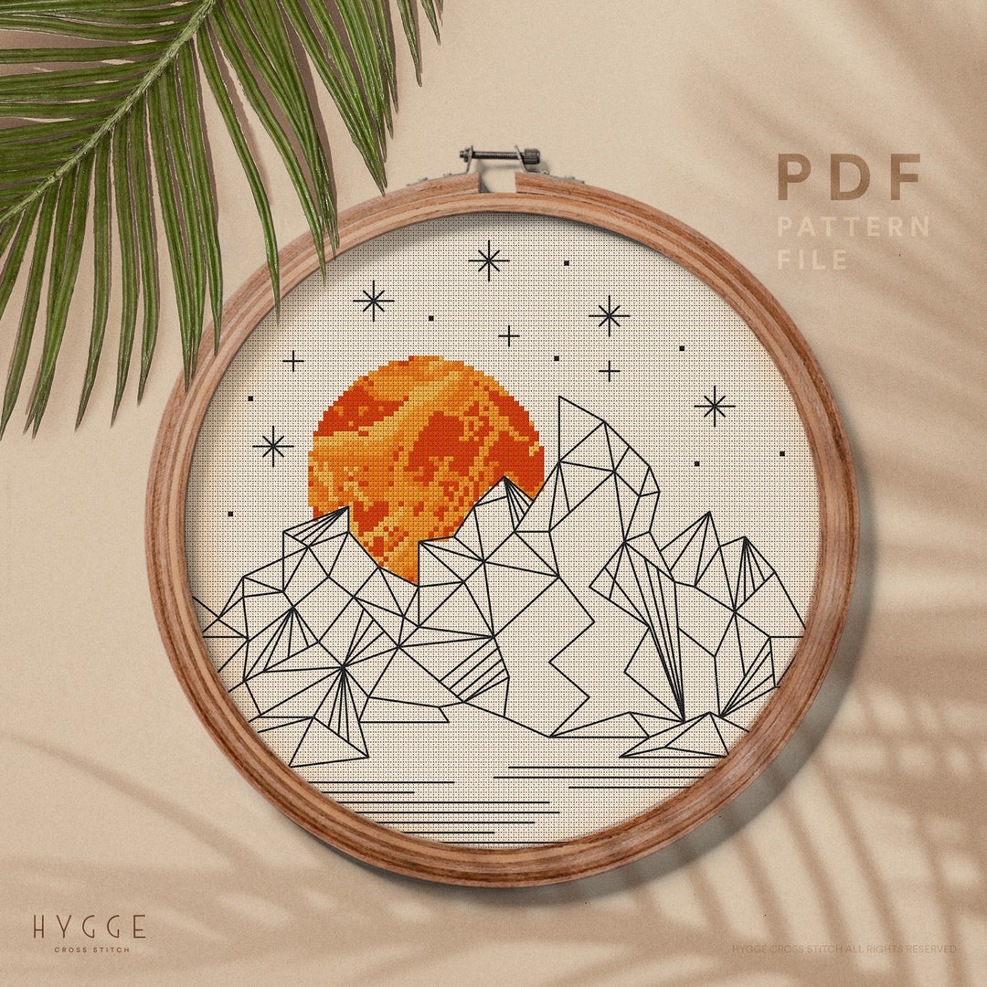 Celestial Cross Stitch Pattern, Mountain Theme, Burnt Orange Sun ...