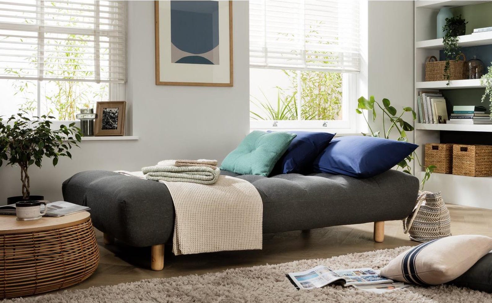 Modern Convertible Sofa Bed - Stylish Dark Grey Futon With Wooden Legs ...
