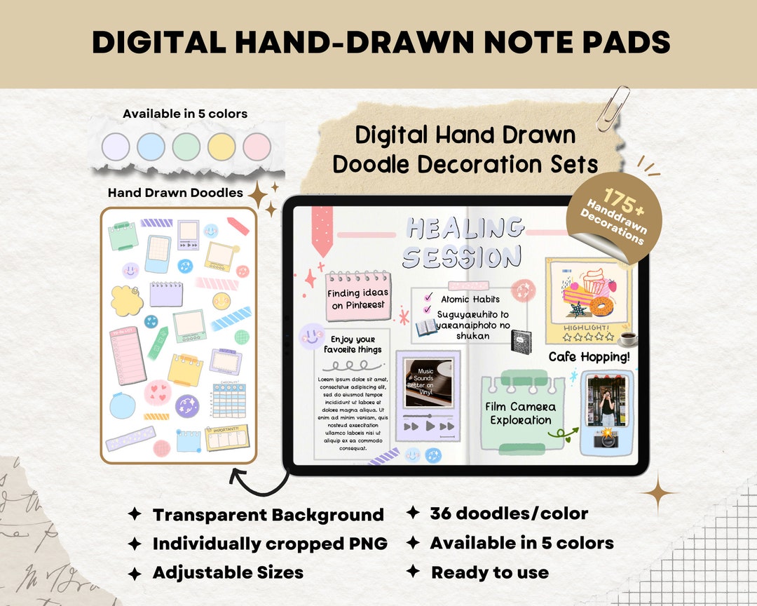 Hand Drawn Digital Note Pads Cute Sticky Notes for Goodnotes Notability ...