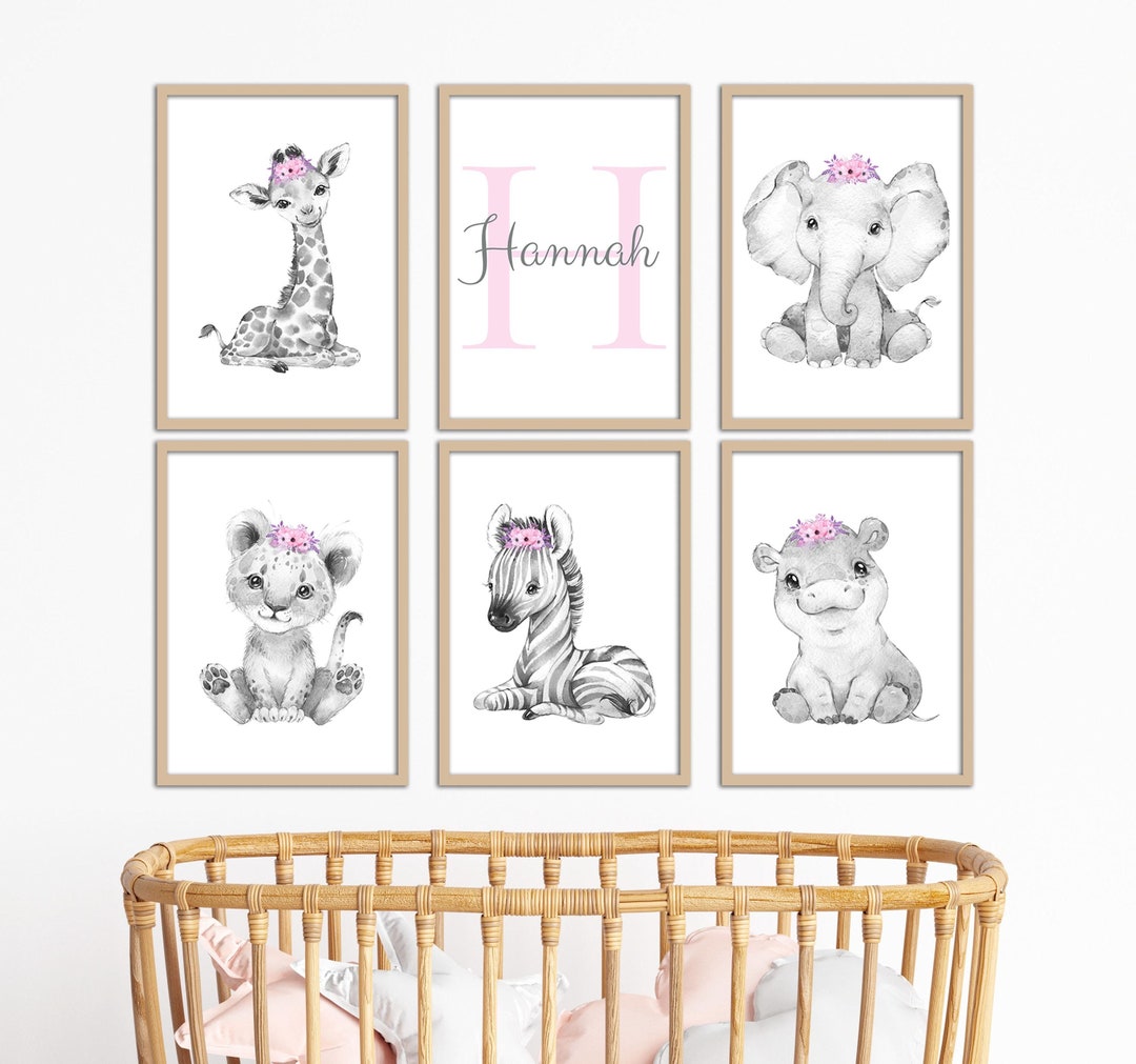Floral Safari Animals Set of 6 Unframed Poster Prints, Baby Girl ...