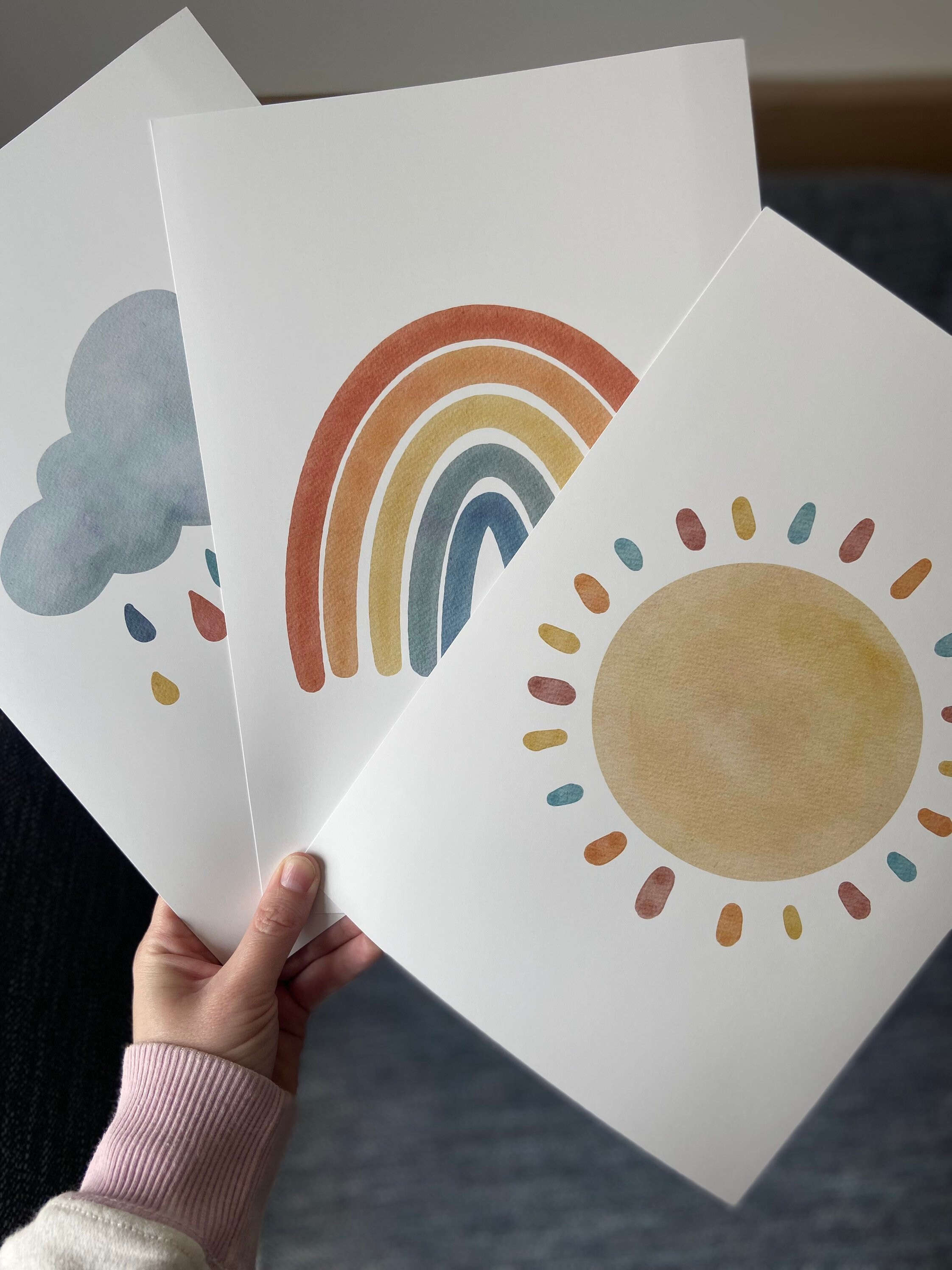 Watercolour Sun Rainbow Cloud Unframed Set of 3 Baby Girl Boy - Etsy