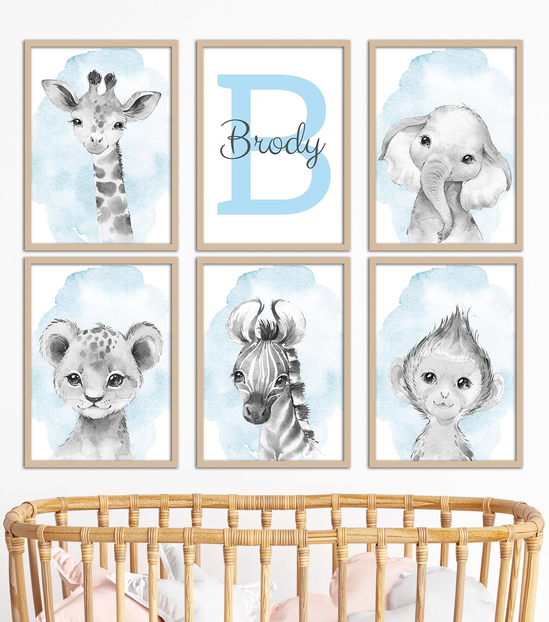 Safari Animals Baby Boy Nursery Prints Set of 6 Unframed Personalised ...