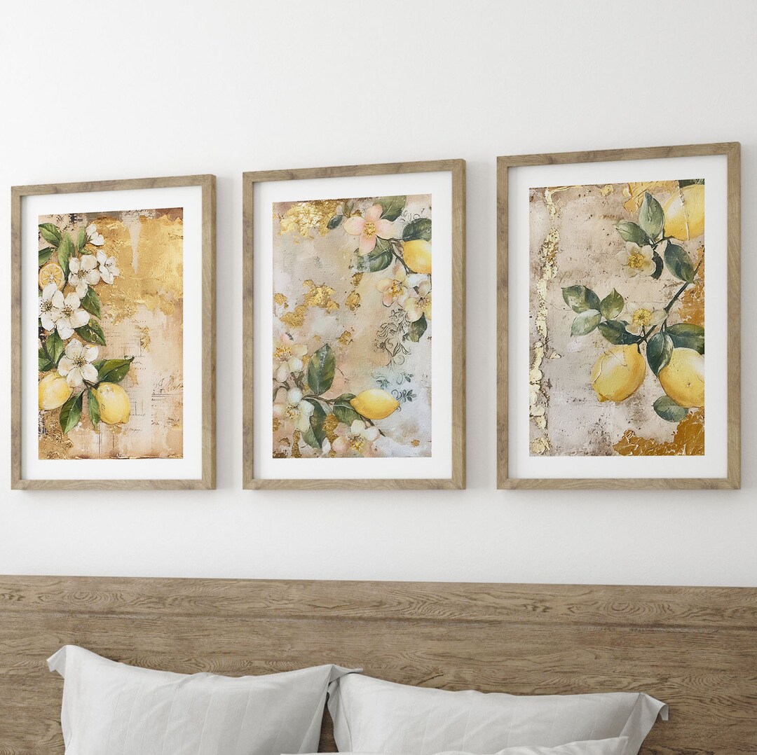 Rustic Lemons Set of 3 Unframed Wall Poster Prints, Lemon Tree Flowers ...