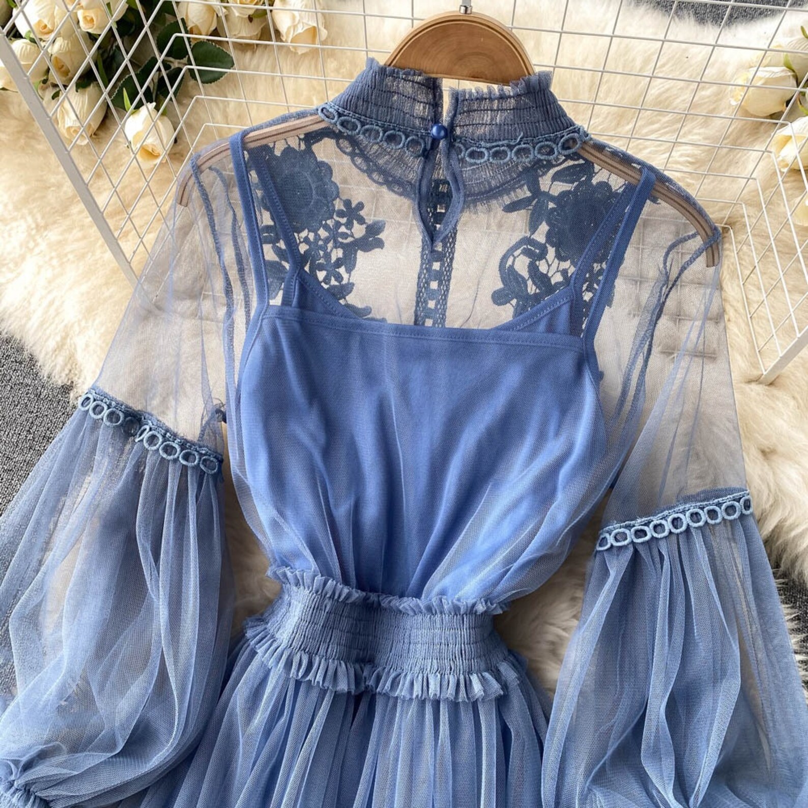 Elegant French Mesh Dress Three-dimensional Flower Long Sleeve - Etsy