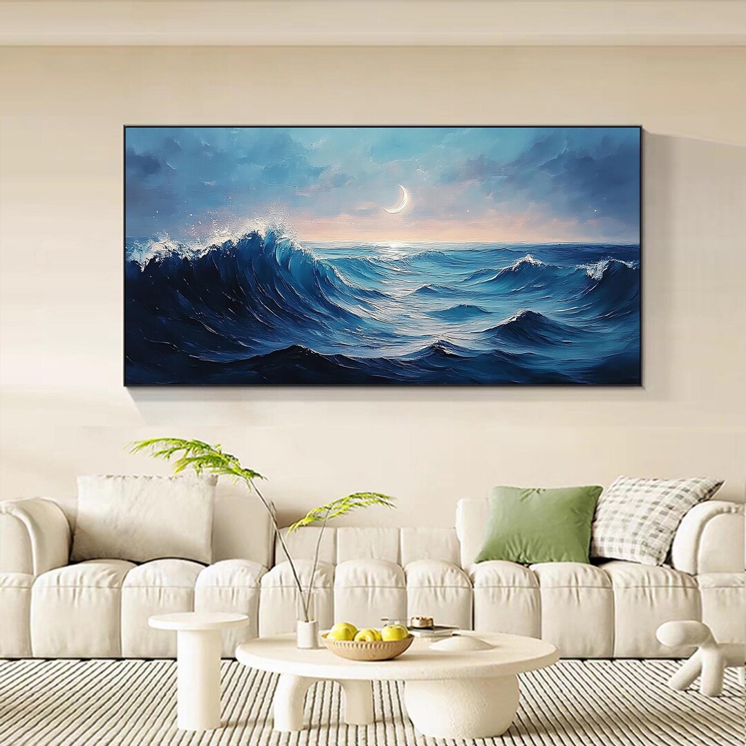Textured Ocean Wave Painting, Abstract Crescent Moon Canvas Art, Large ...