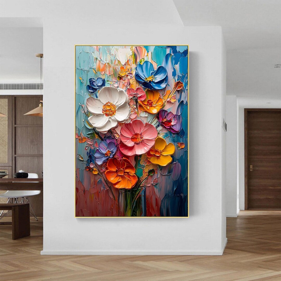 Unique Colorful Floral Oil Painting on Canvas, Abstract Textured Modern ...