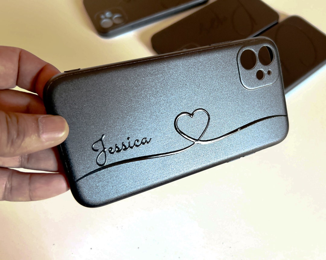 Embossed Glossy Personalised Name Heart Silicon Black Matt Phone Case Cover for Apple iPhone ...