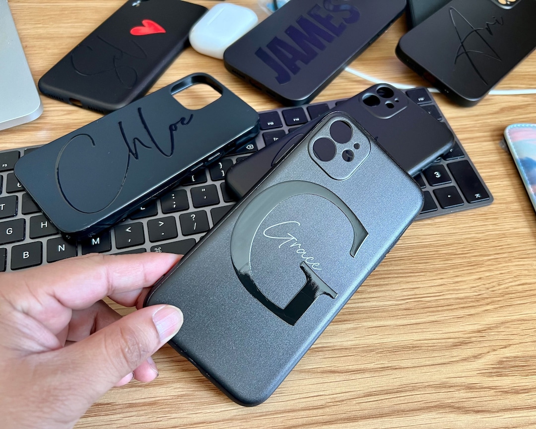 Personalised Gloss Name and Initials Silicon Black Matt Phone Case Cover for Apple iPhone Custom ...