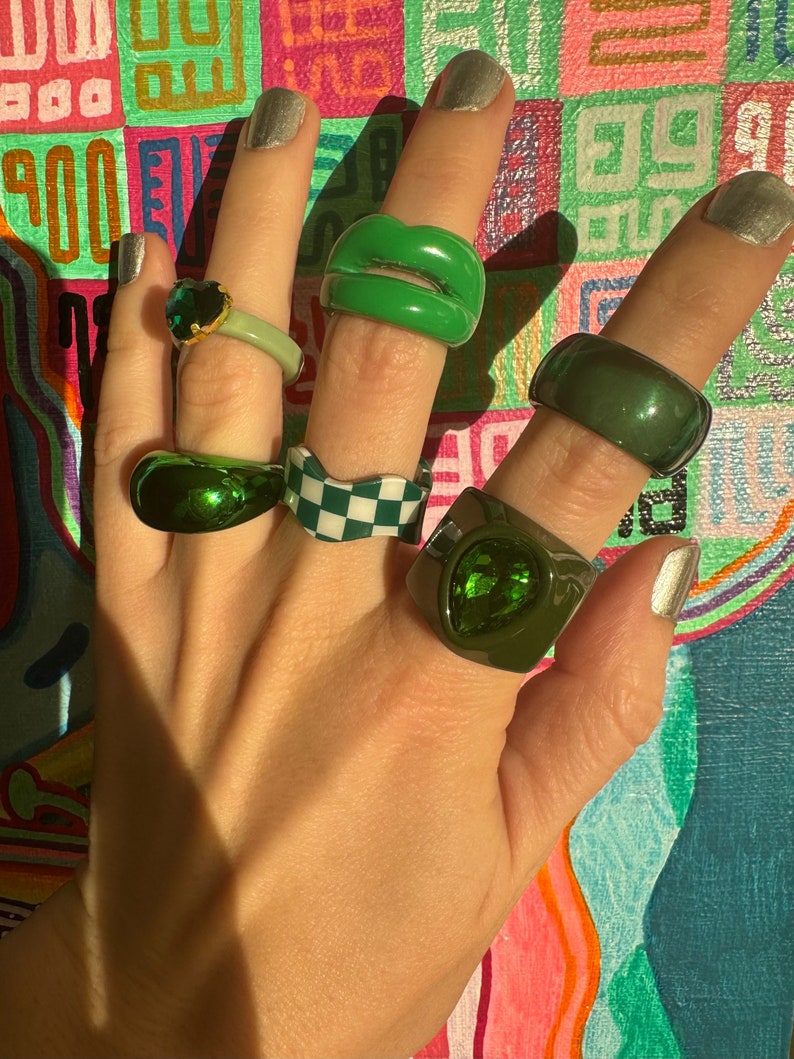 Forest Green Resin Rings/ Y2K Chunky Trendy & Cute Plastic Rings / Set ...