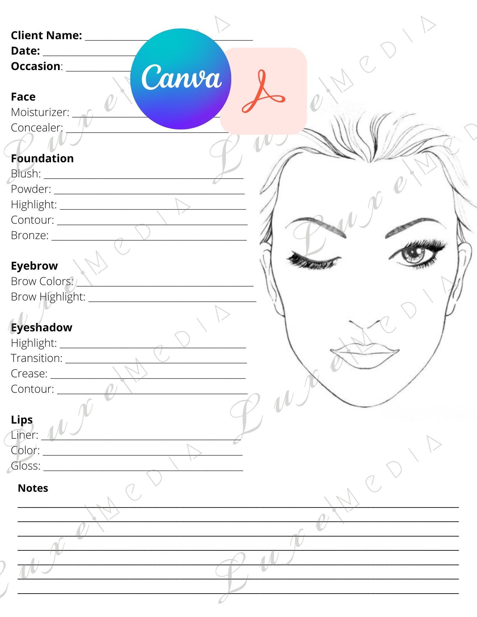 Makeup Artist Consultation Face Chart DIGITAL DOWNLOAD - Etsy