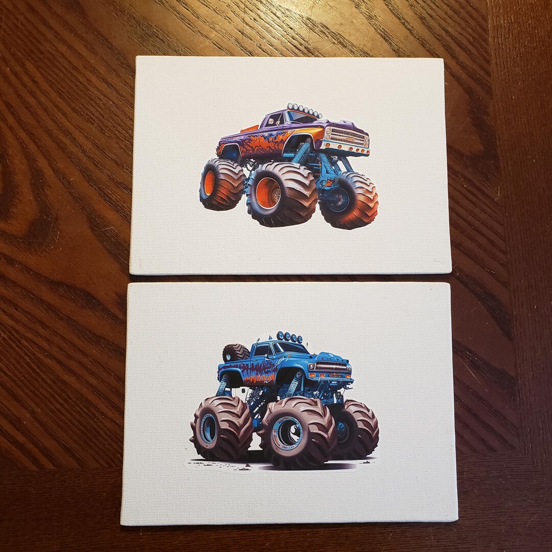 Monster Truck Kids Canvas Wall Panel Covering Graphic 5" X 7" Set of 2 ...
