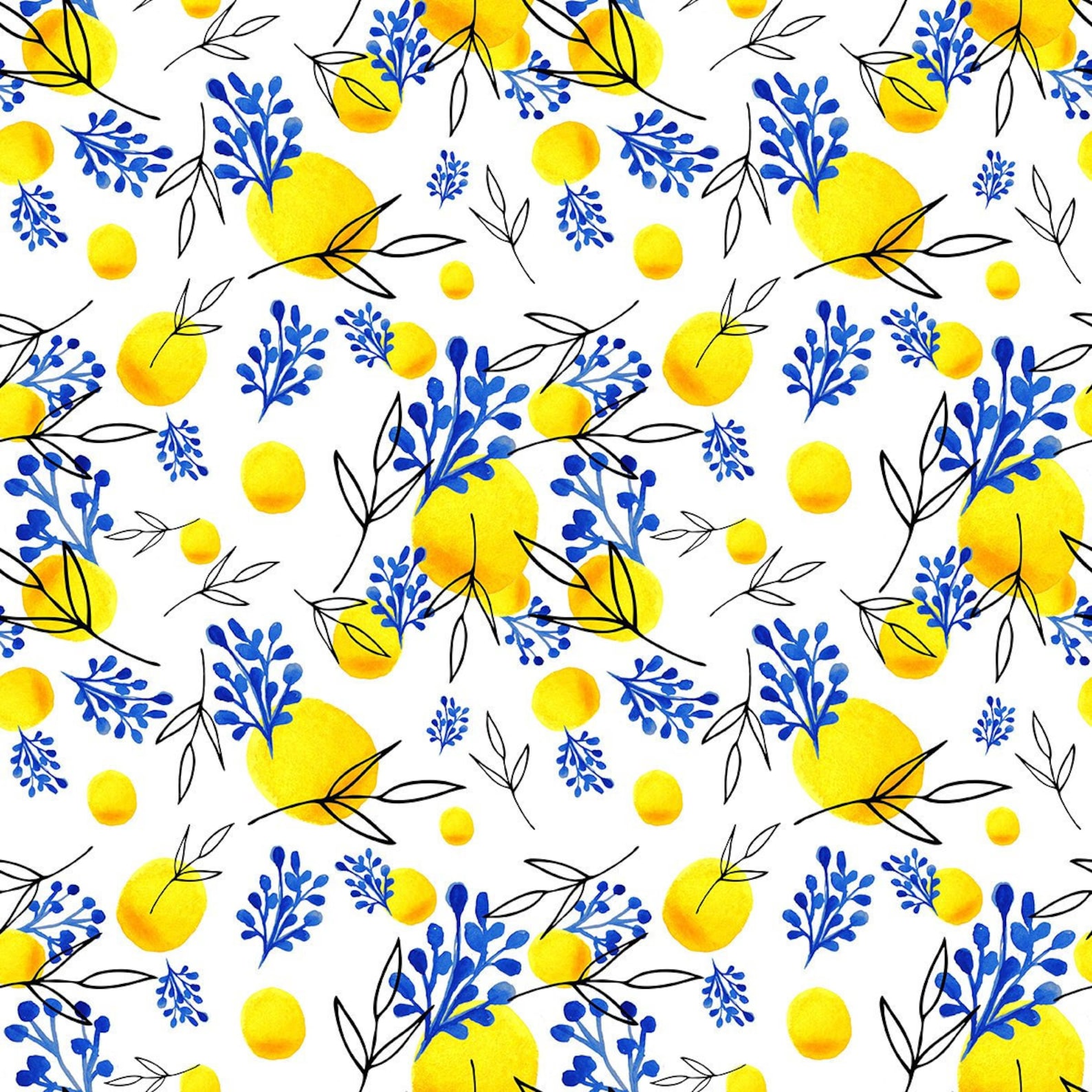 Lemon Blue Flower Watercolor Patterns Digital Printed Fabric - Etsy