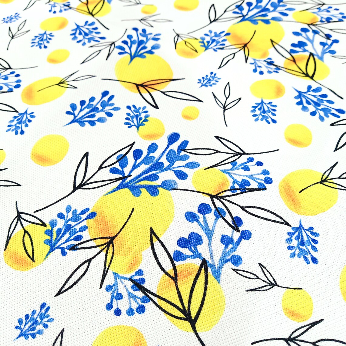Lemon Blue Flower Watercolor Patterns Digital Printed Fabric - Etsy