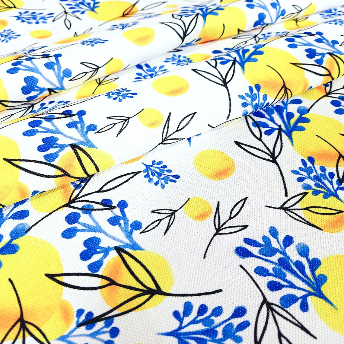 Lemon Blue Flower Watercolor Patterns Digital Printed Fabric - Etsy