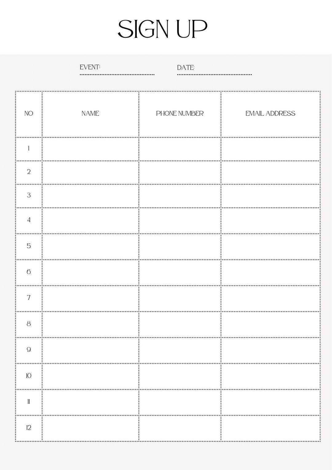 Printable Sign-up Sheet | Editable Sign-in Sheet | Instant Download PDF ...