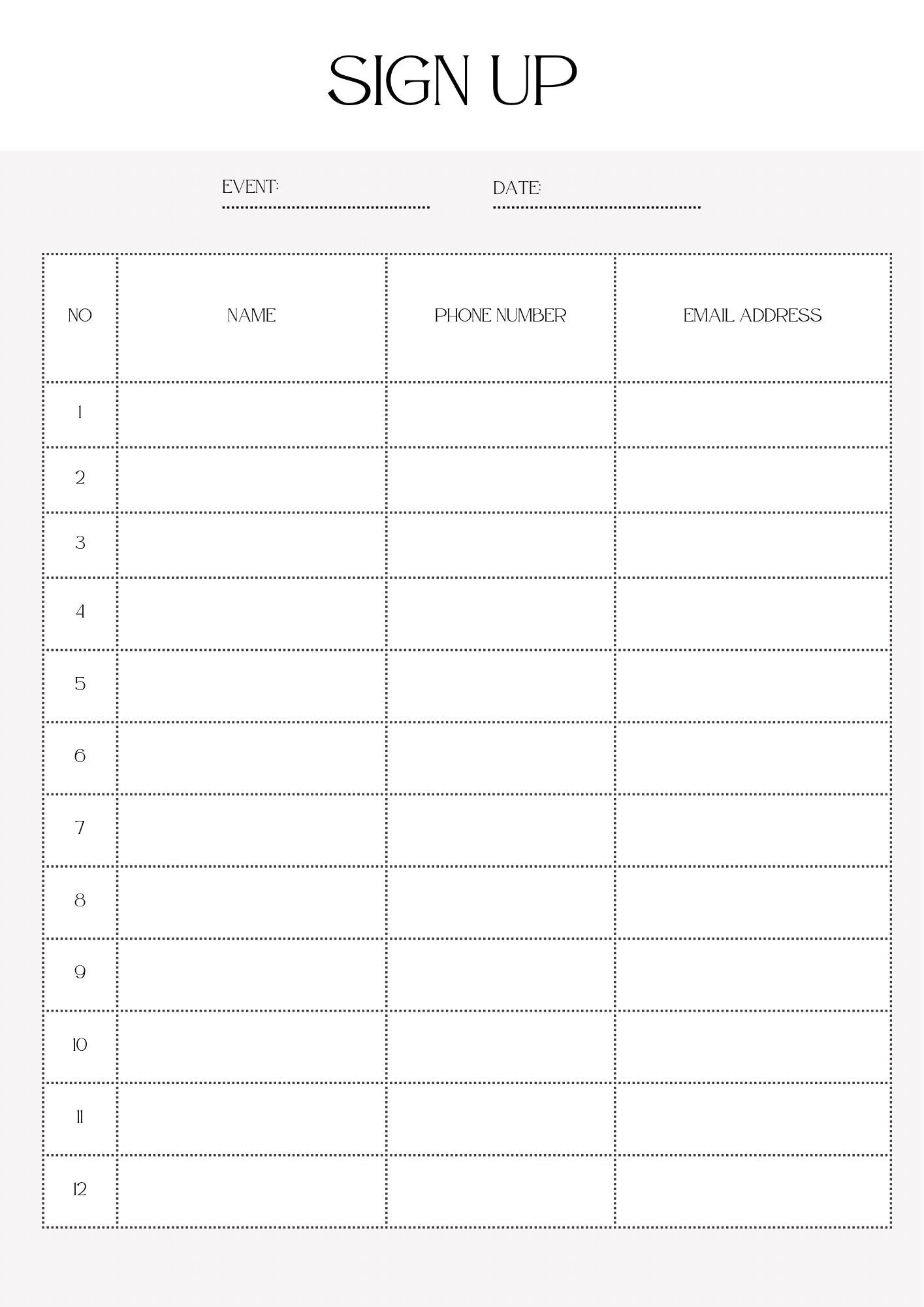 Printable Sign-up Sheet | Editable Sign-in Sheet | Instant Download PDF ...