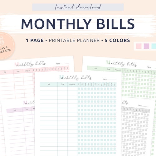 Monthly Bills Tracker Bill Organizer Bill Due Checklist A4 | Etsy