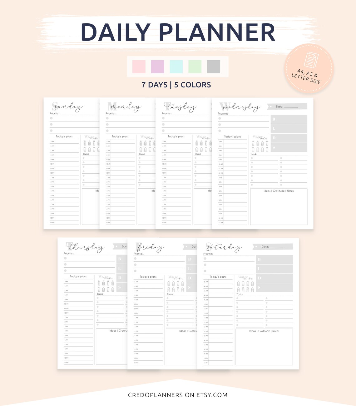 Daily Planner 7 Days A4 A5 & US Letter in 5 Colors - Etsy
