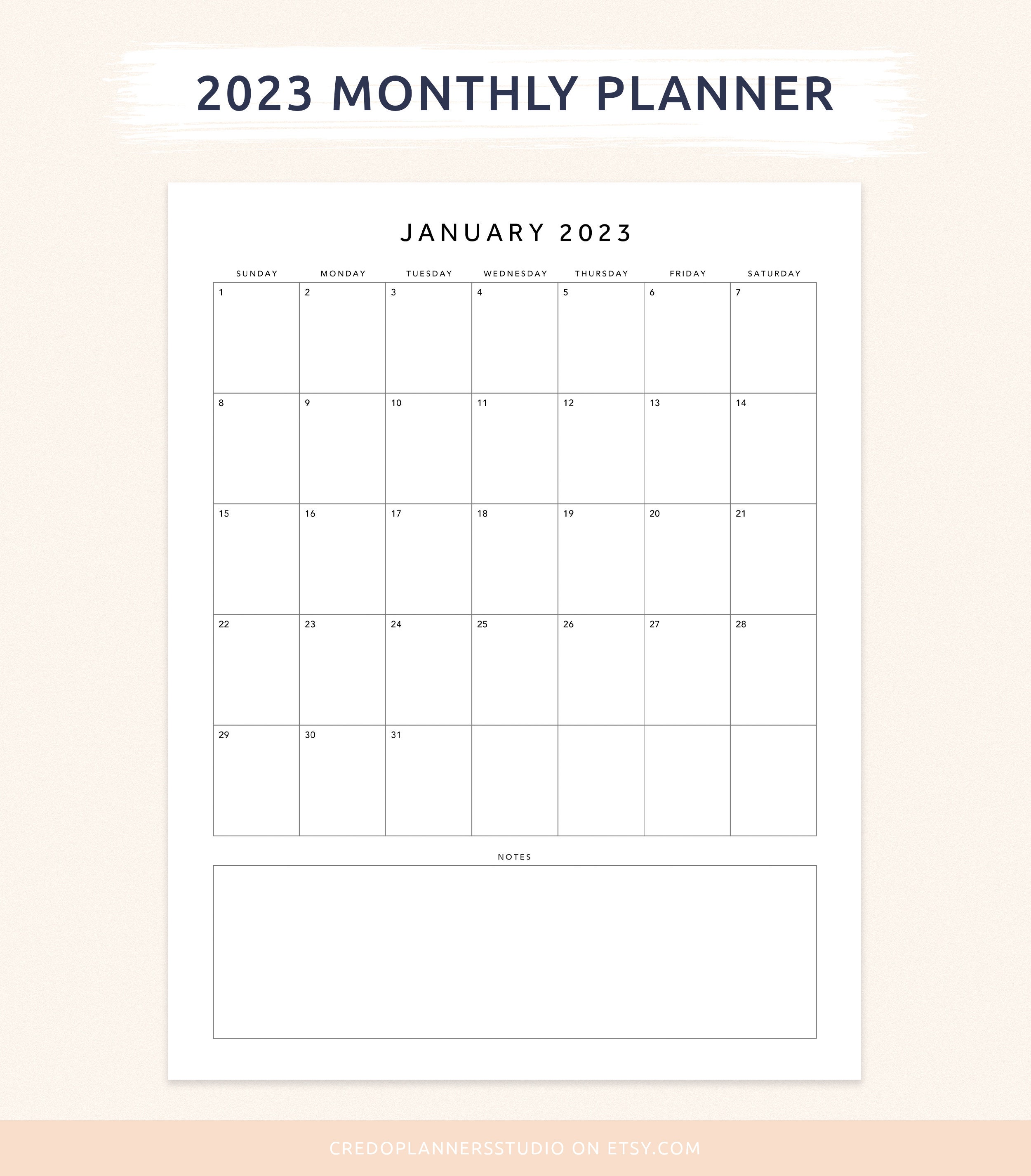 2023 Monthly Planner Printable, Monthly Calendar, Minimalist Calendar ...