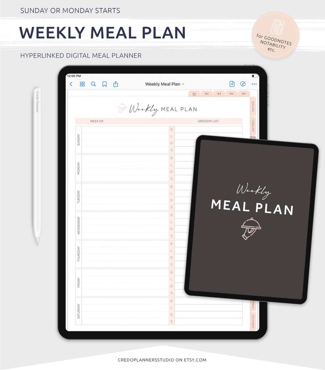Digital Weekly Meal Plan, Undated Meal Planner, Hyperlinked Meal ...