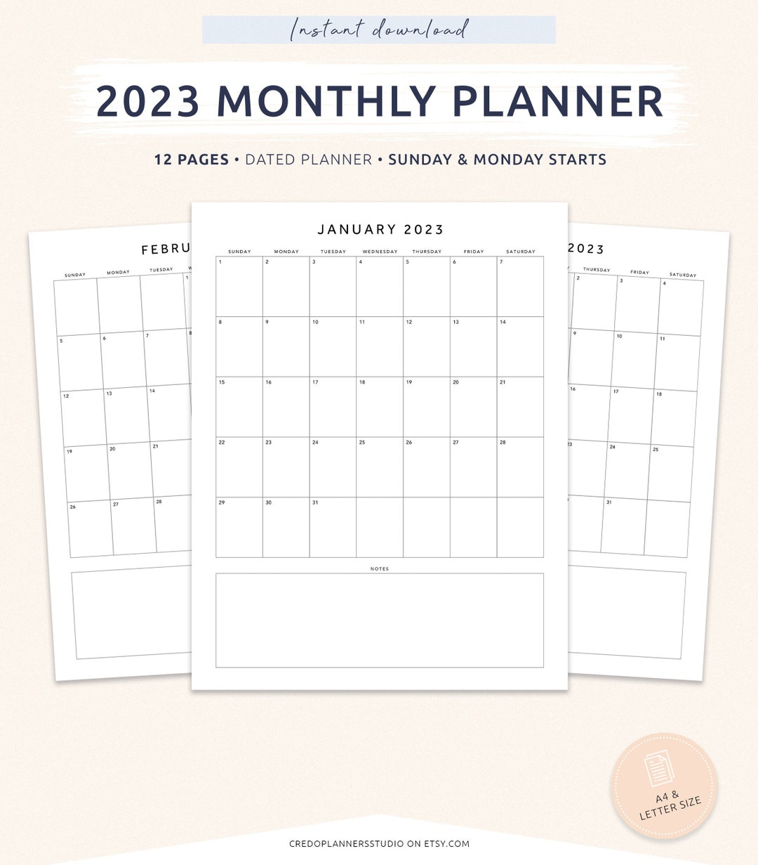 2023 Monthly Planner Printable, Monthly Calendar, Minimalist Calendar ...