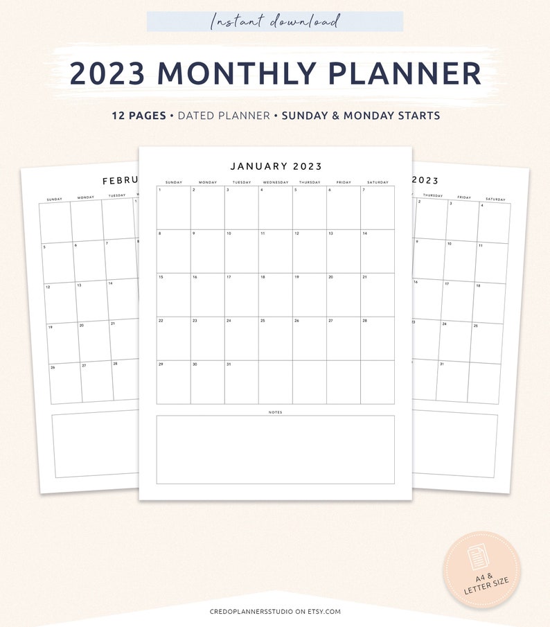 2023 Monthly Planner Printable, Monthly Calendar, Minimalist Calendar ...