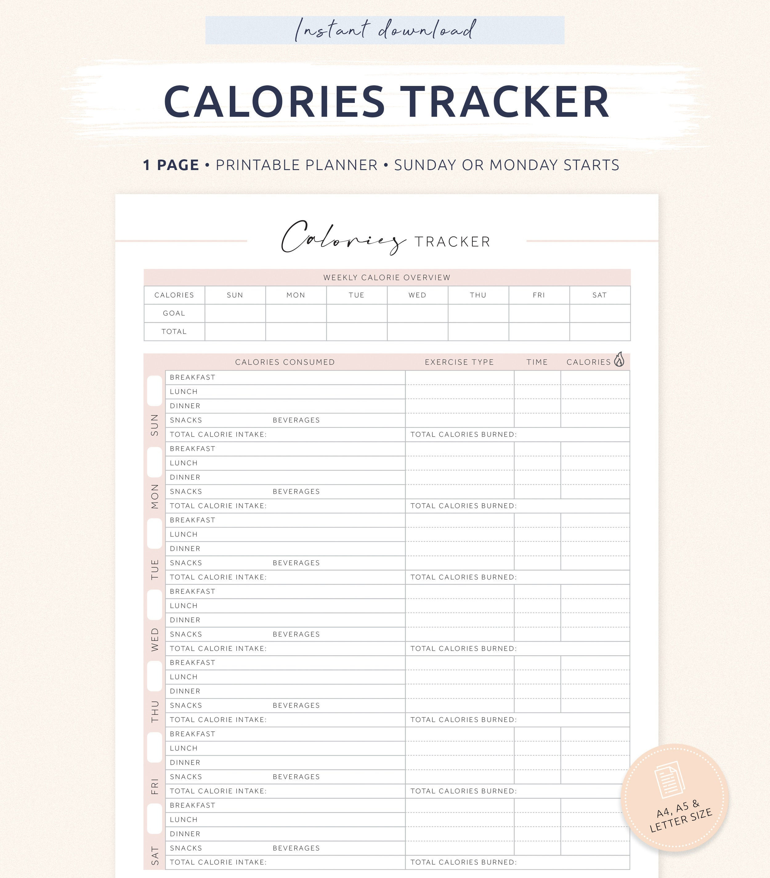 Calorie Tracker, Printable Food Calories Journal, Meal Planner, Fitness ...