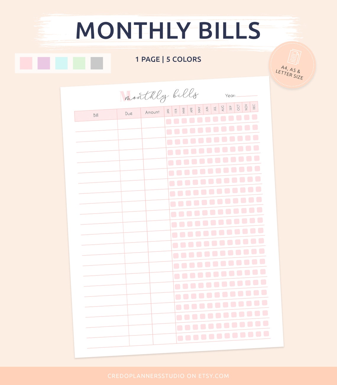 Monthly Bills Tracker Bill Organizer Bill Due Checklist A4 | Etsy