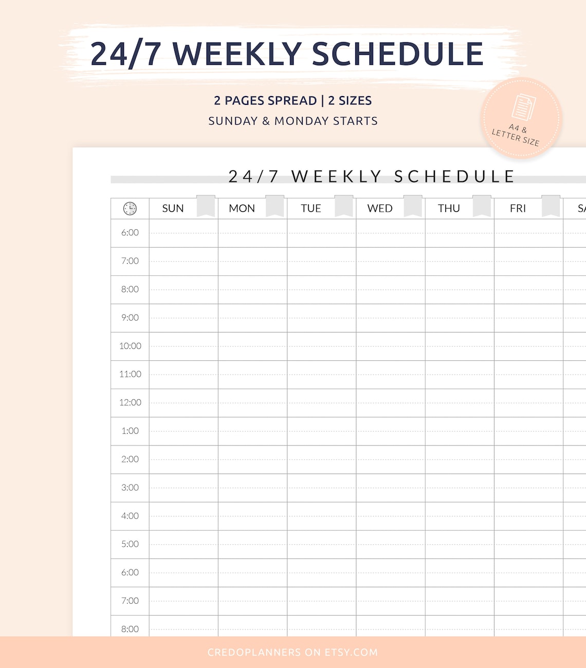 24/7 Weekly Schedule Printable Weekly Timetable Time | Etsy