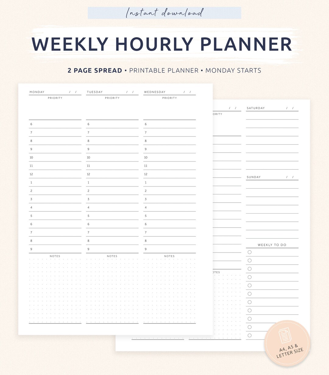 Weekly Hourly Planner, Printable Weekly Schedule, Week on Two Pages ...