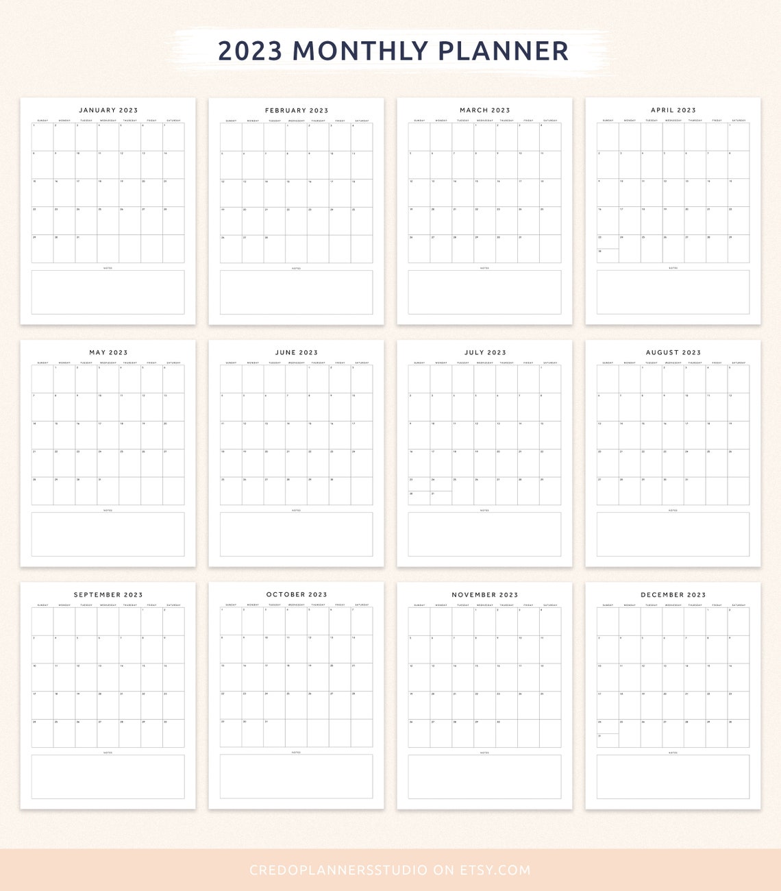 2023 Monthly Planner Printable, Monthly Calendar, Minimalist Calendar ...
