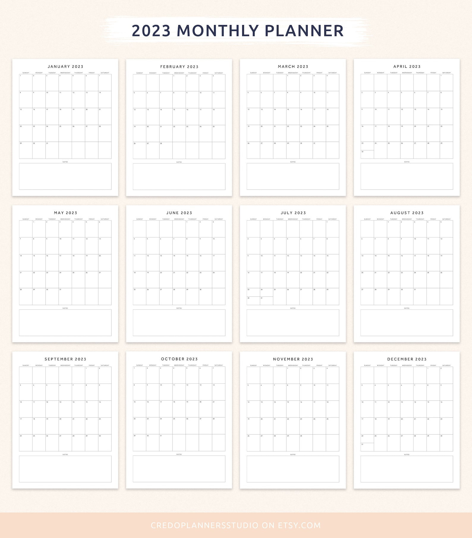 2023 Monthly Planner Printable, Monthly Calendar, Minimalist Calendar ...