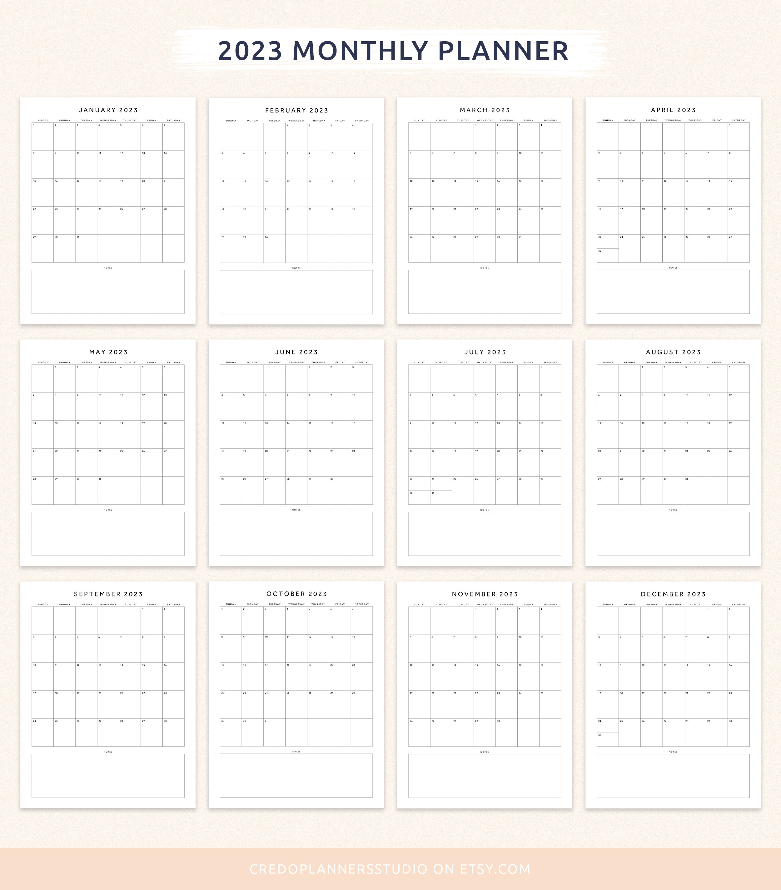 2023 Monthly Planner Printable, Monthly Calendar, Minimalist Calendar ...