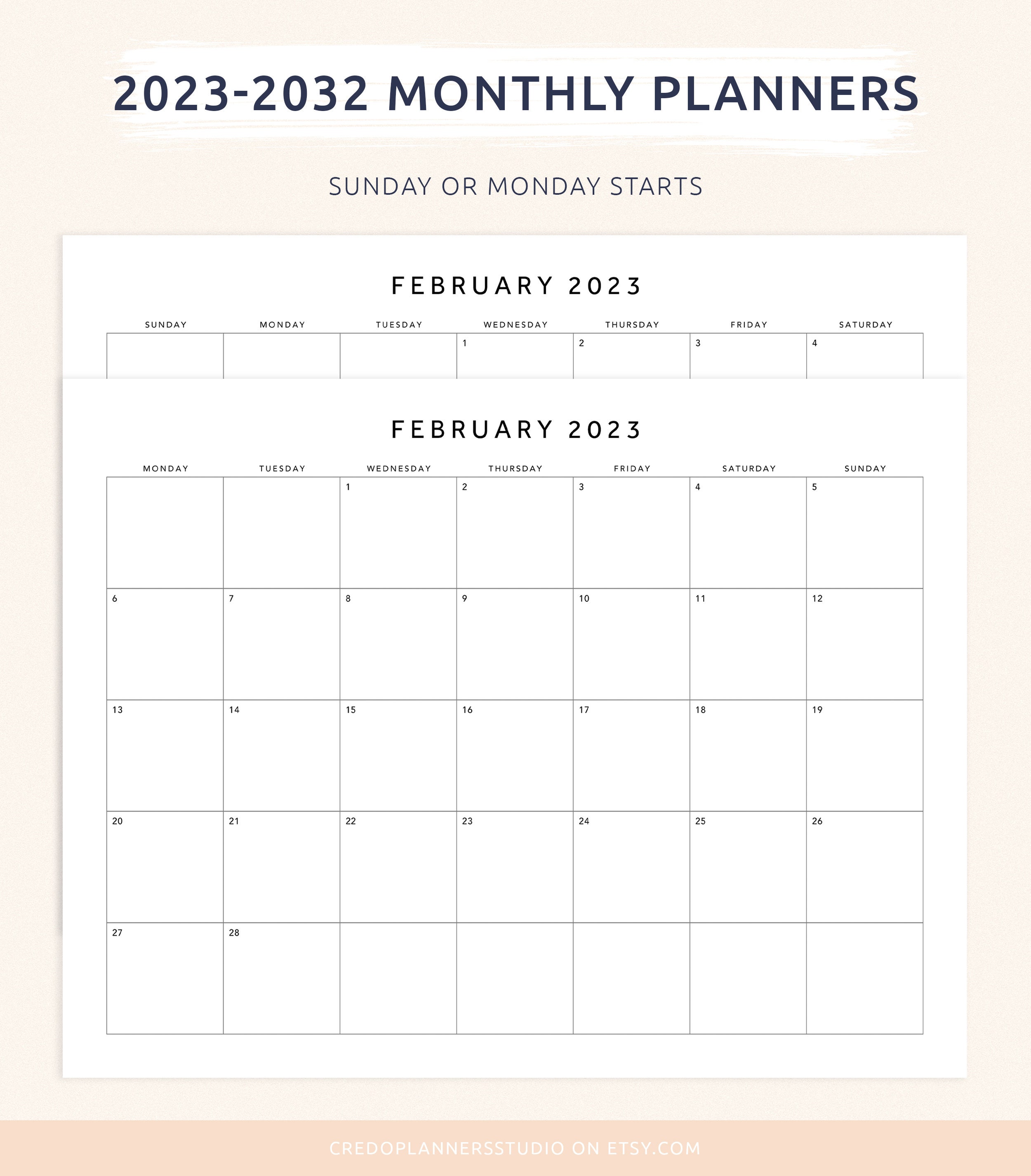 2023-2032 Monthly Planner, Horizontal Monthly Calendar, Printable Monthly Overview, 2023, 2024 ...