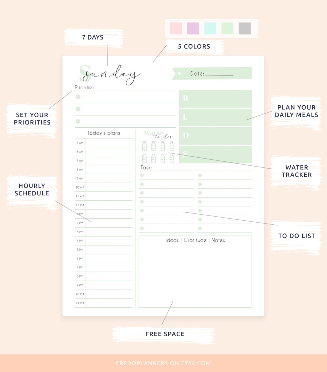 Daily Planner 7 Days A4 A5 & US Letter in 5 Colors - Etsy