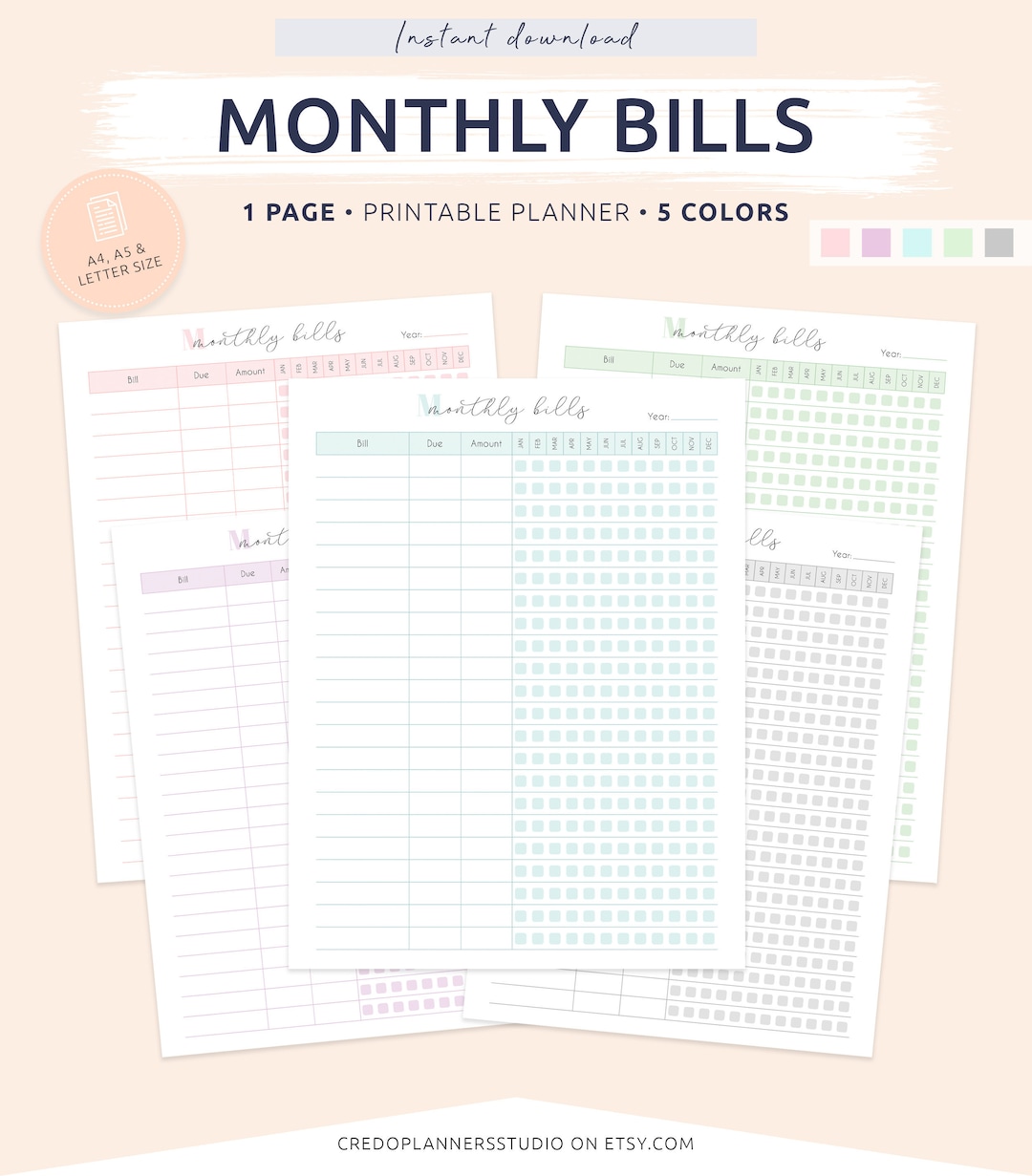 Monthly Bills Tracker Bill Organizer Bill Due Checklist A4 - Etsy