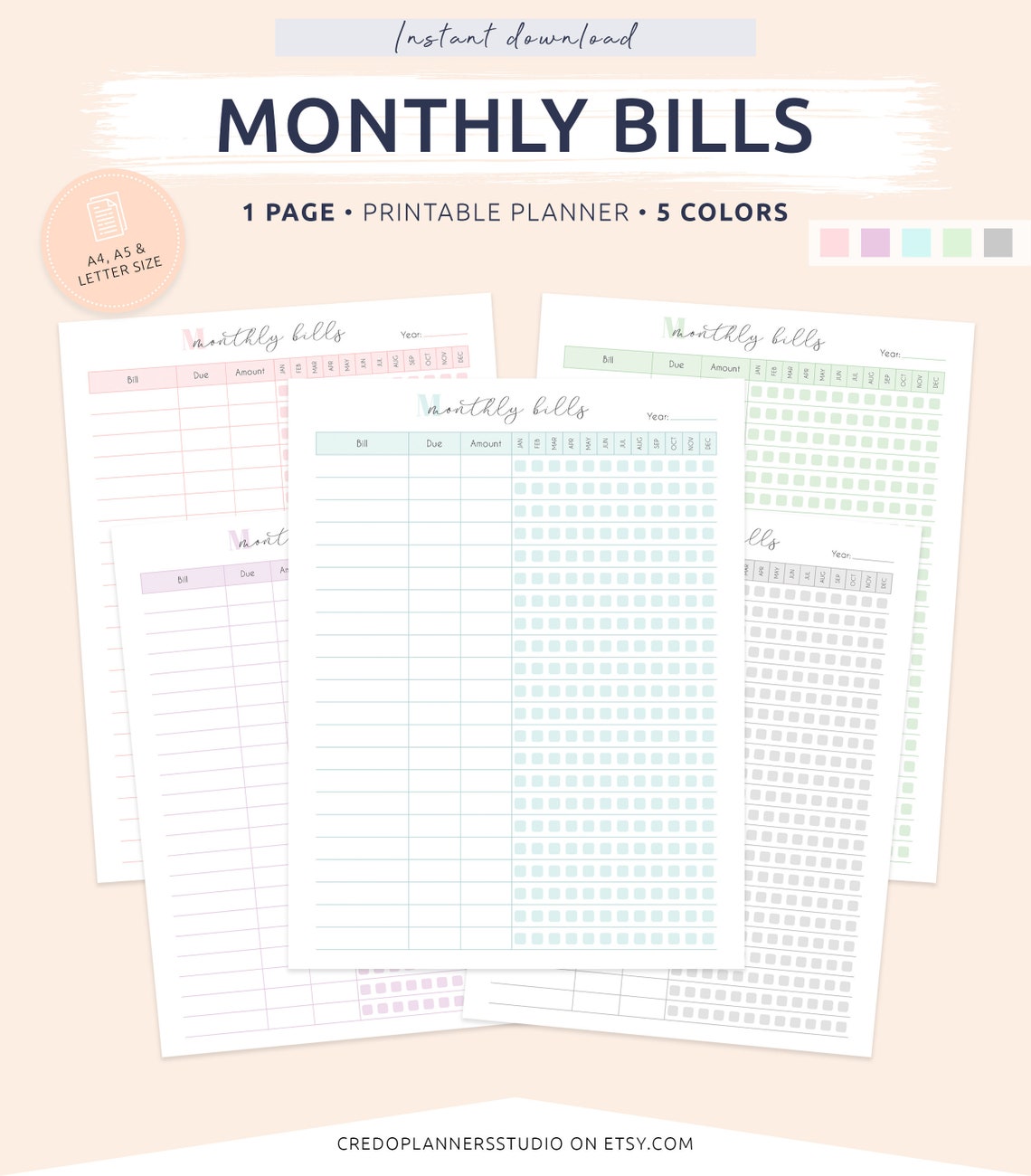 Monthly Bills Tracker Bill Organizer Bill Due Checklist A4 | Etsy