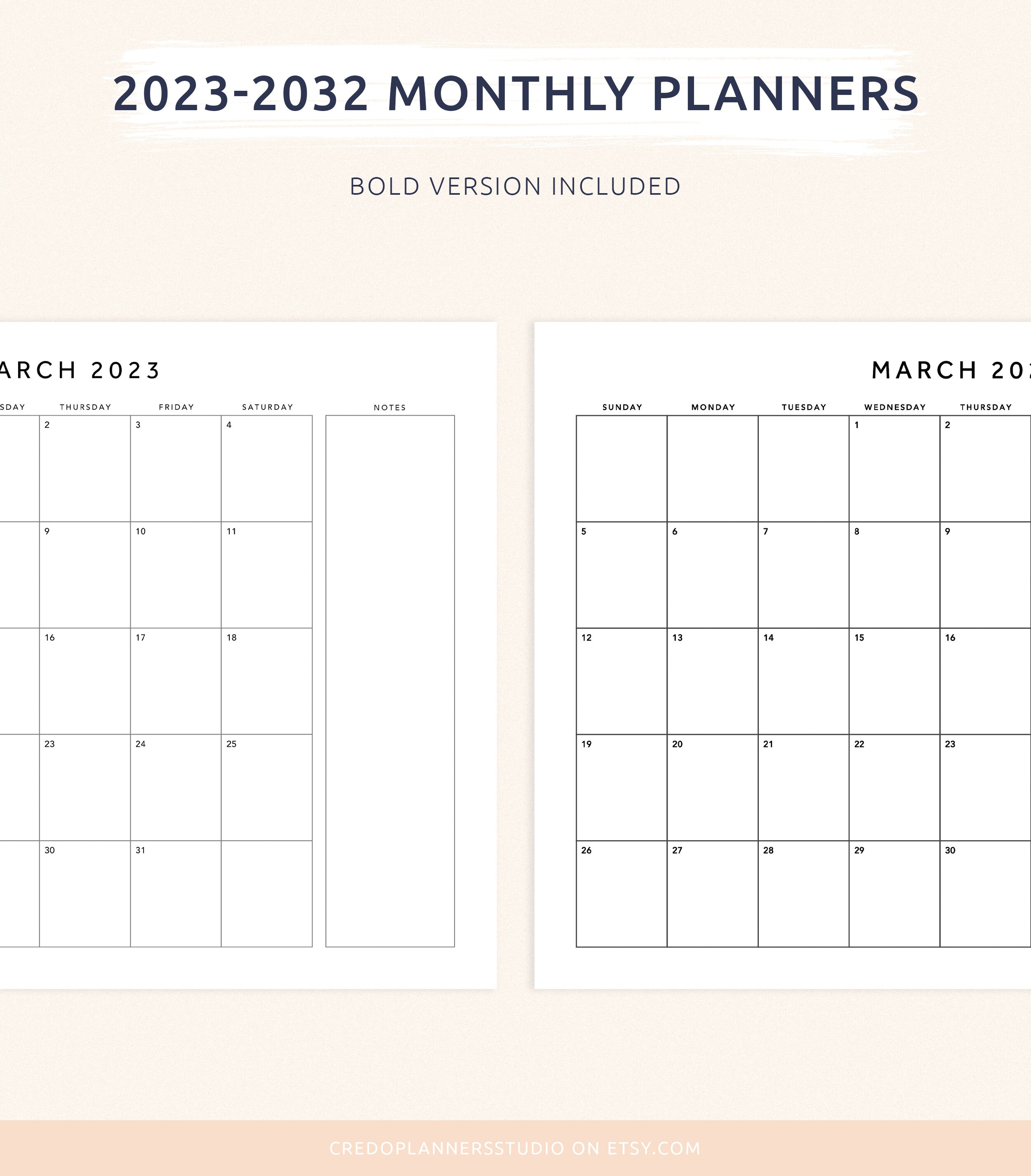 2023-2032 Monthly Planner Horizontal Monthly Calendar - Etsy