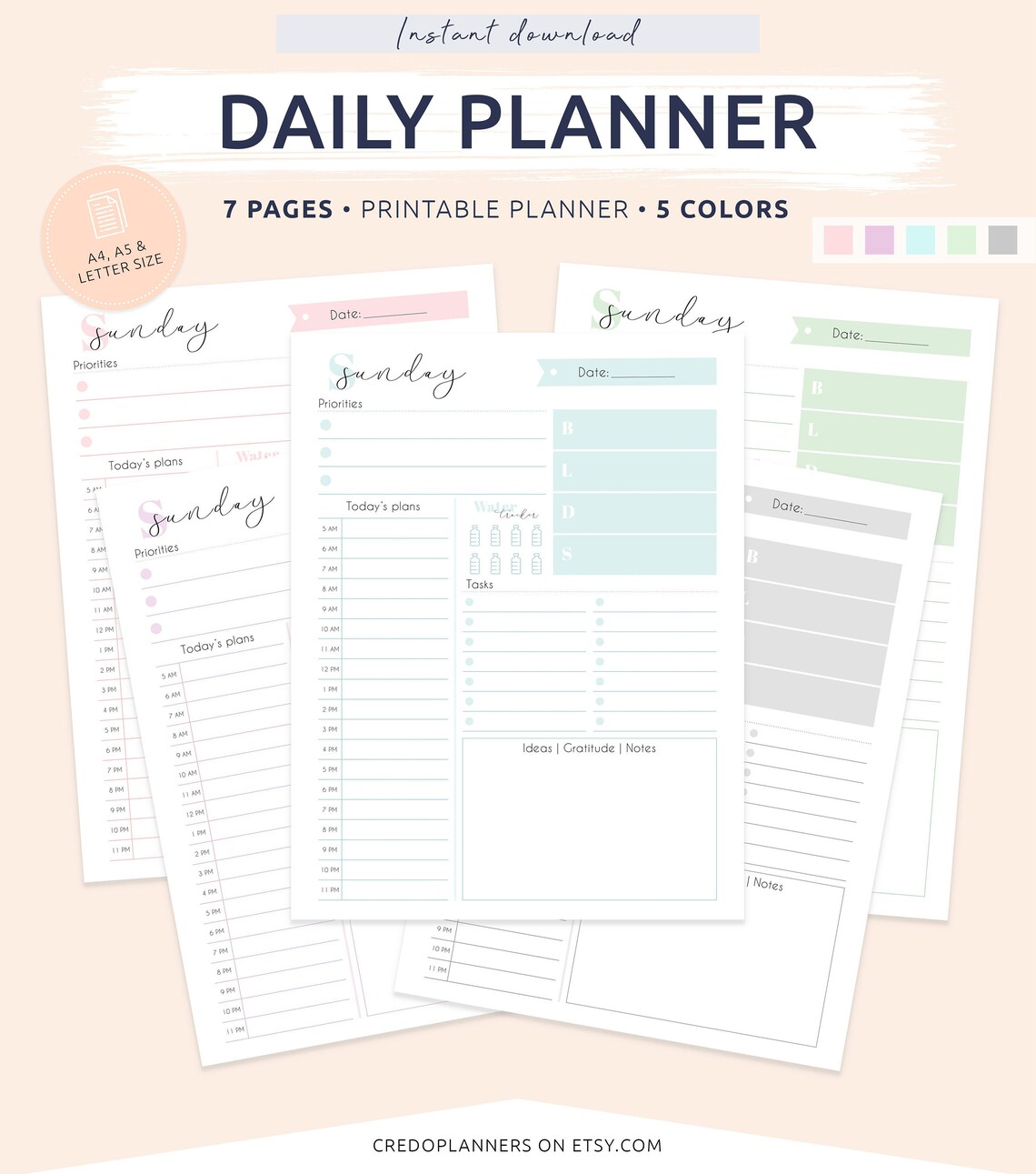Daily Planner 7 Days A4 A5 & US Letter in 5 Colors - Etsy