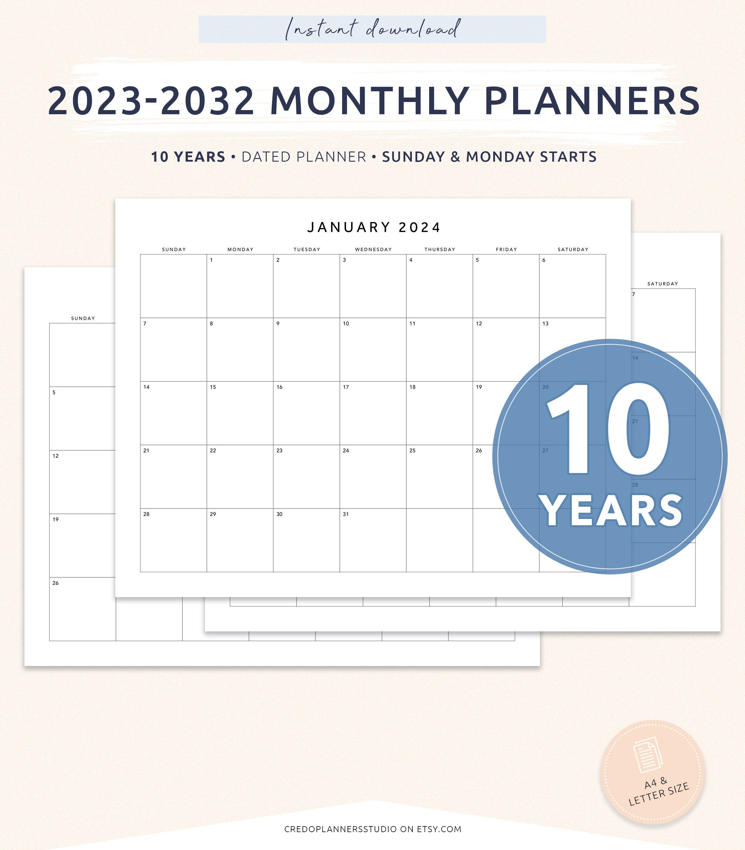 2023-2032 Monthly Planner, Horizontal Monthly Calendar, Printable Monthly Overview, 2023, 2024 ...