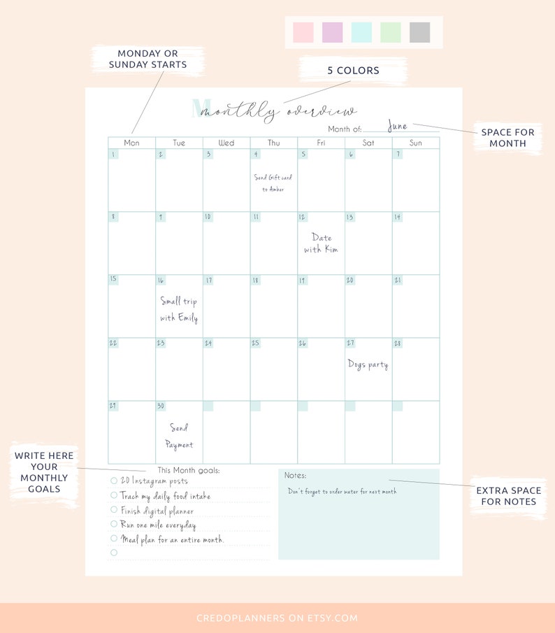 Monthly Overview Page, Undated Monthly Planner, Colorful Monthly ...