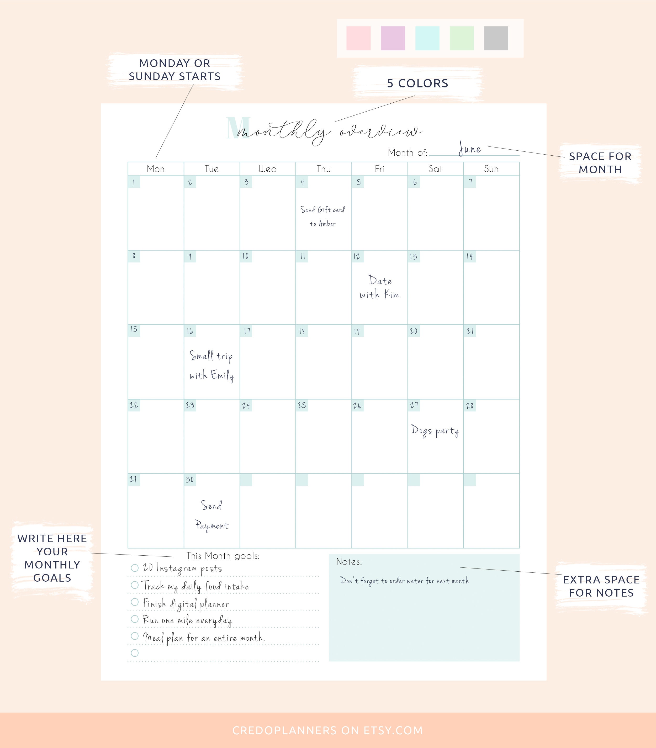 Monthly Overview Page Undated Monthly Planner Colorful - Etsy