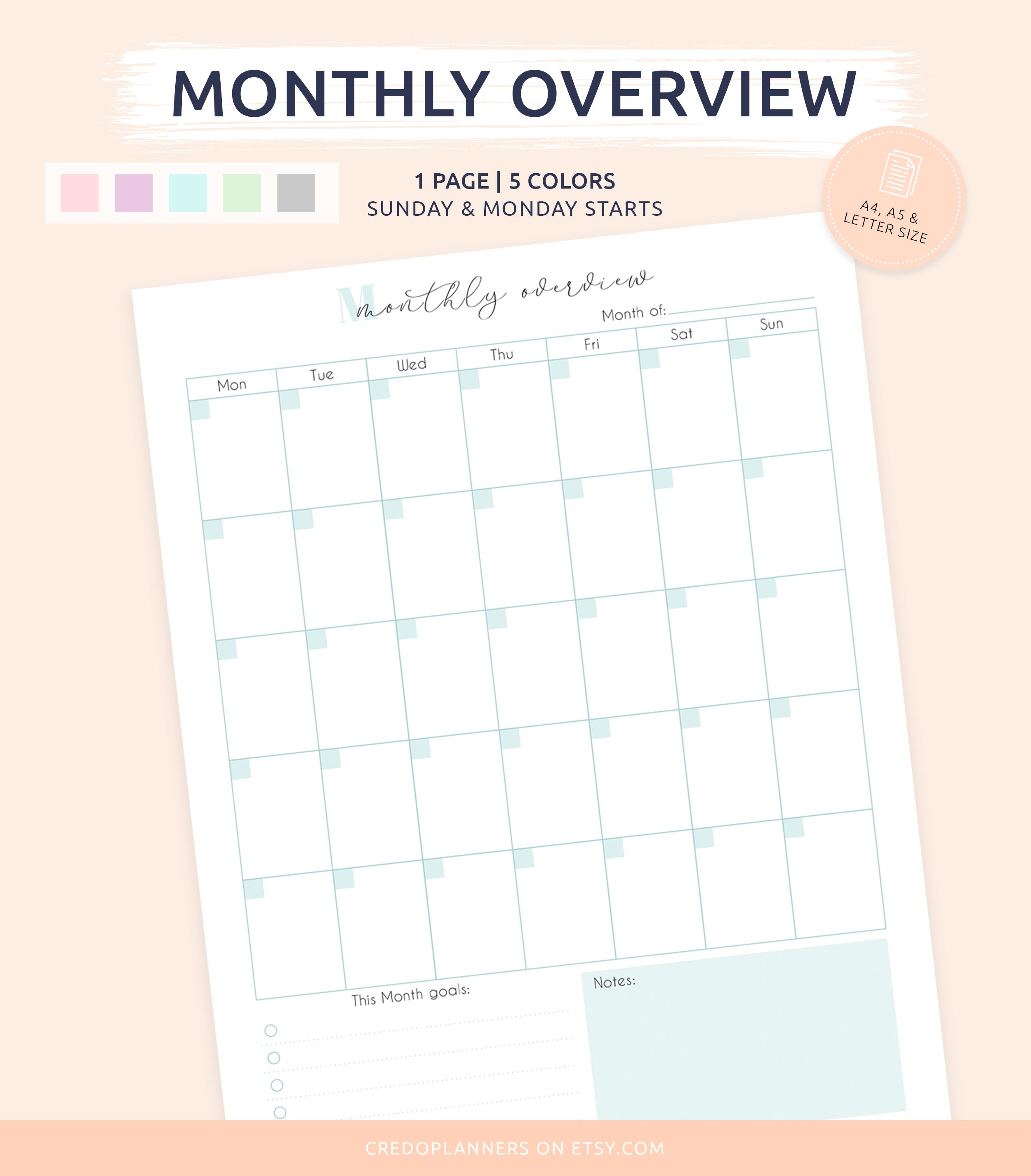 Monthly Overview Page, Undated Monthly Planner, Colorful Monthly ...