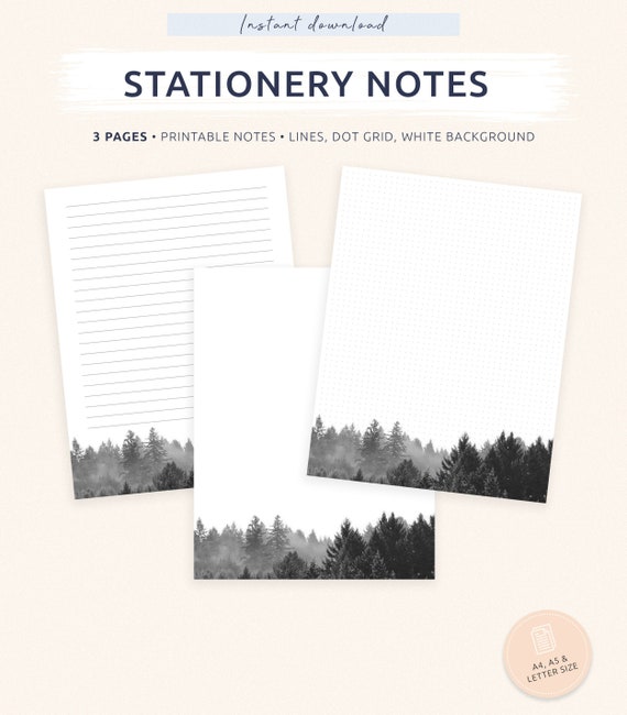 Printable Stationery Notes Forest Black and White Notes Note | Etsy