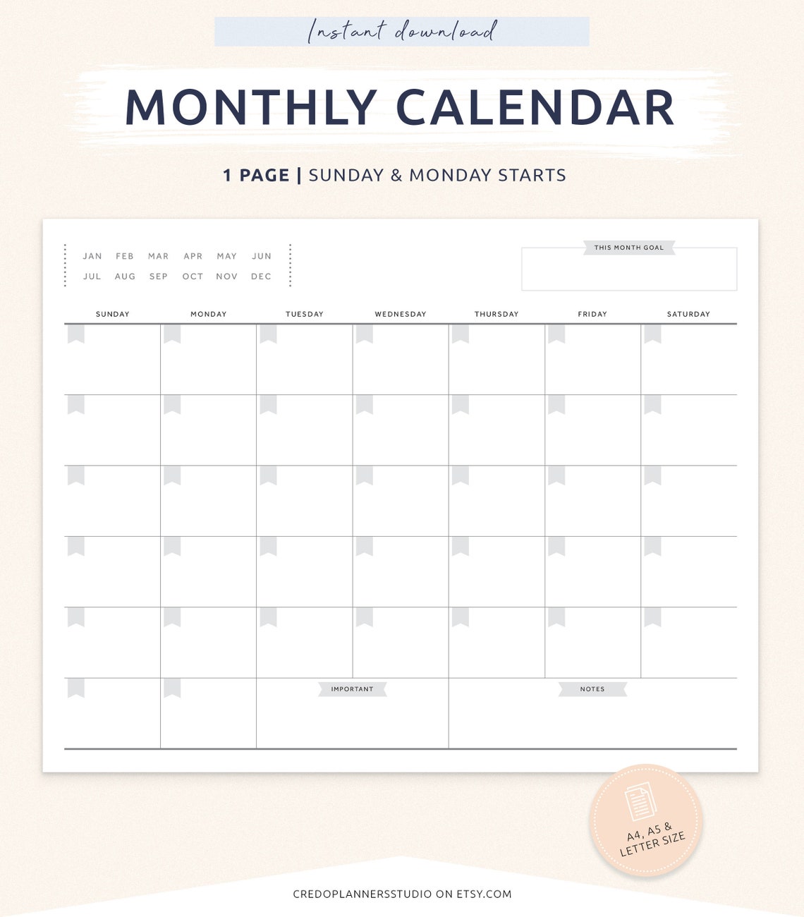 Monthly Calendar, Monthly Planner, A4, A5 & US Letter, Undated Calendar ...