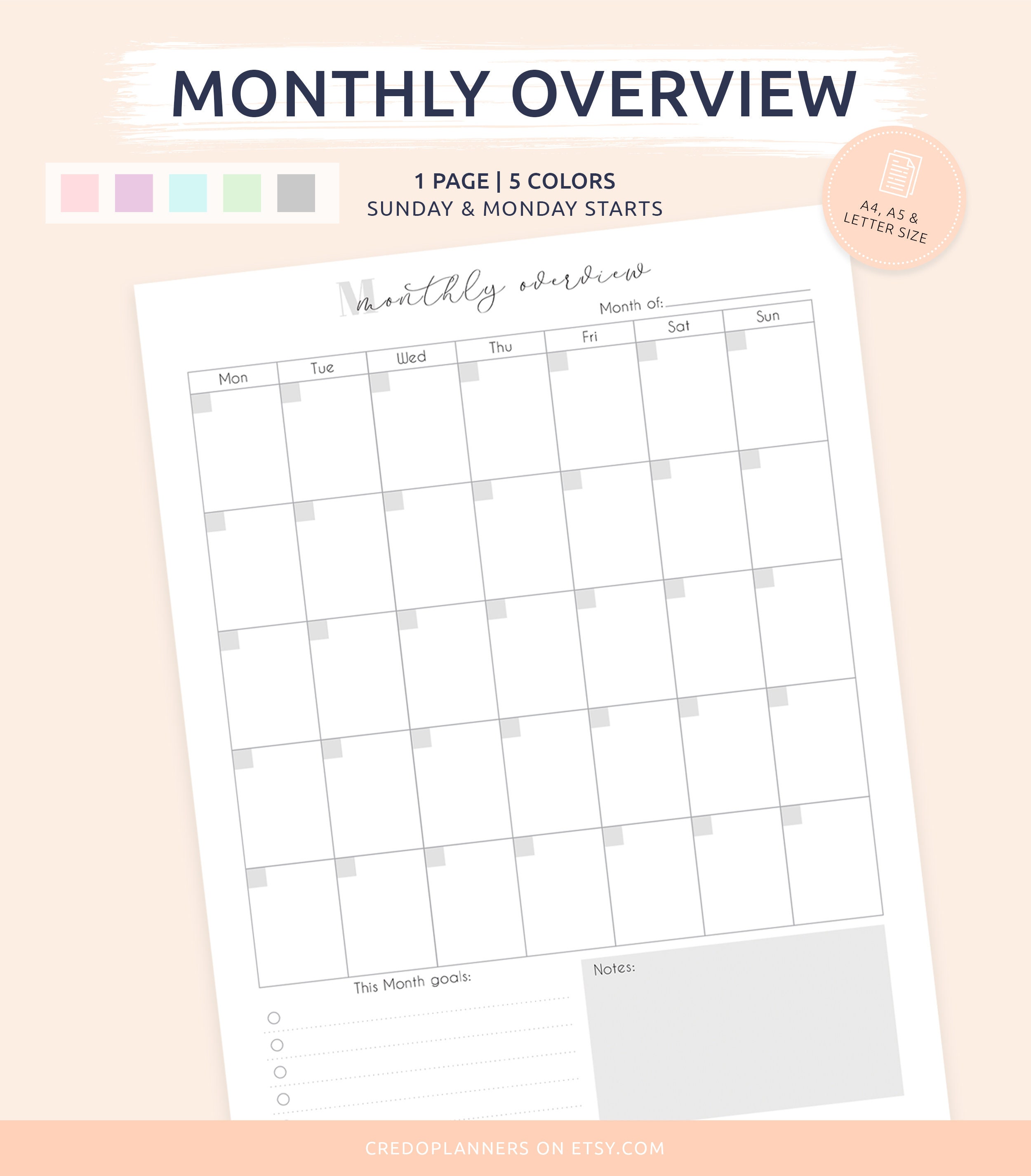 Monthly Overview Page Undated Monthly Planner Colorful - Etsy