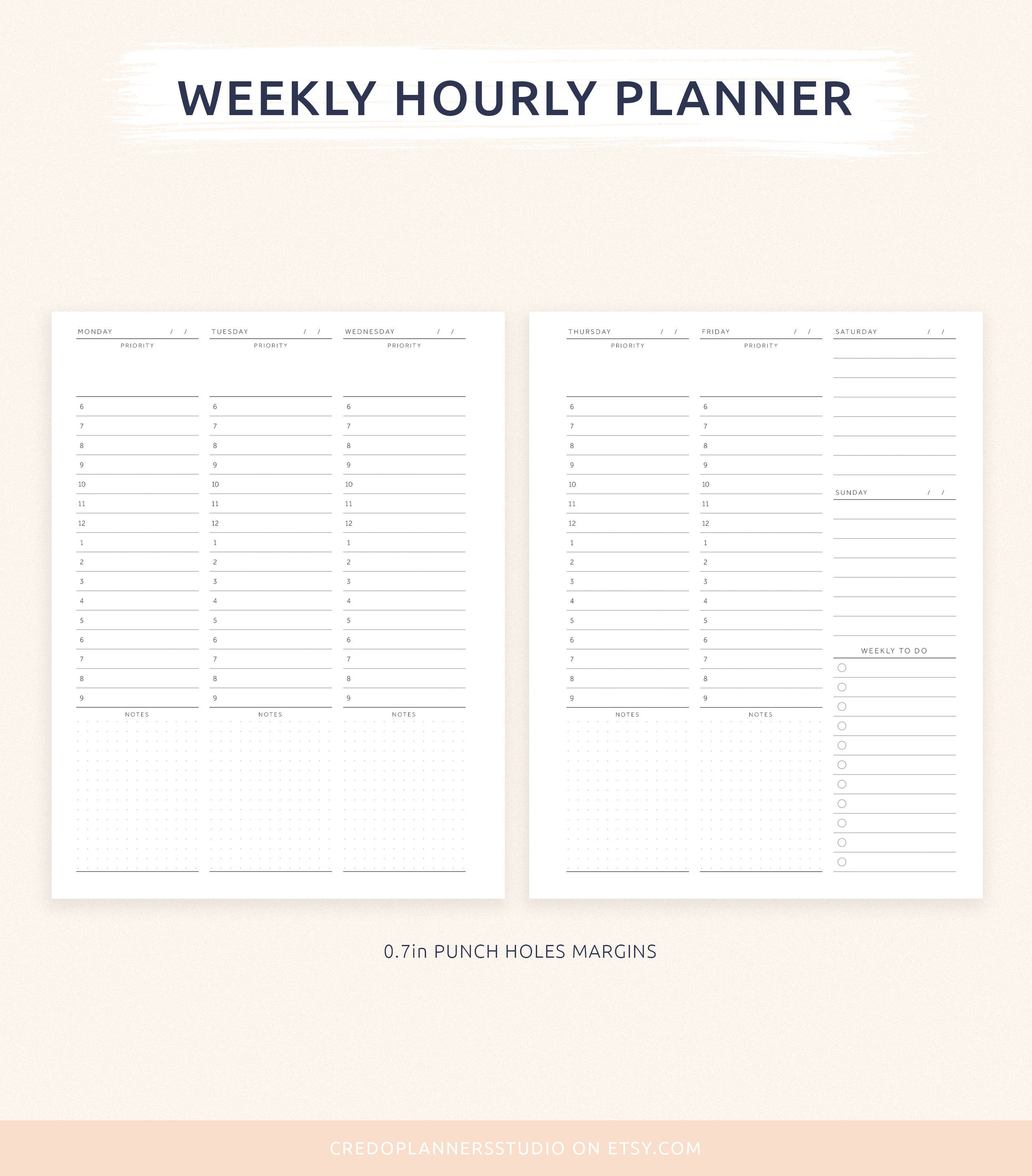 Weekly Hourly Planner, Printable Weekly Schedule, Week on Two Pages ...