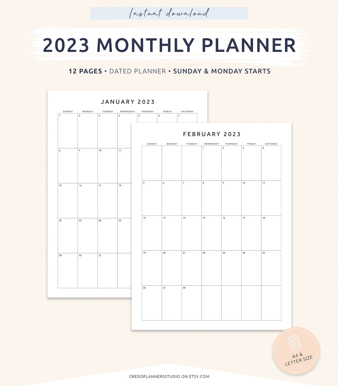 2023 Monthly Planner Printable Monthly Calendar Minimalist - Etsy